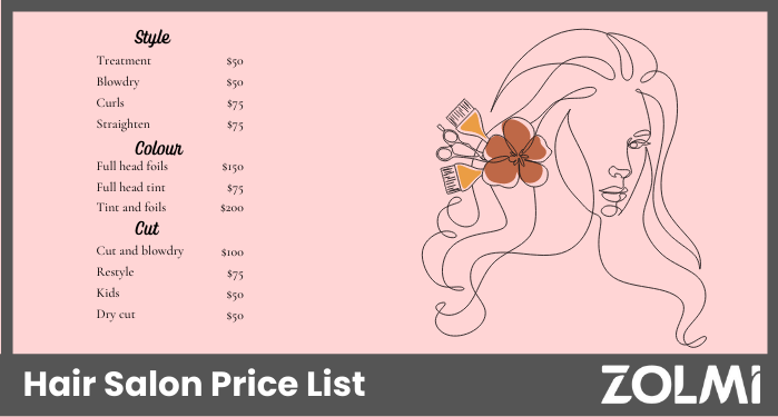 Hair Salon Price List Zolmi