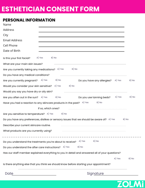 Esthetician Consent Form Examples For 2023 Zolmi
