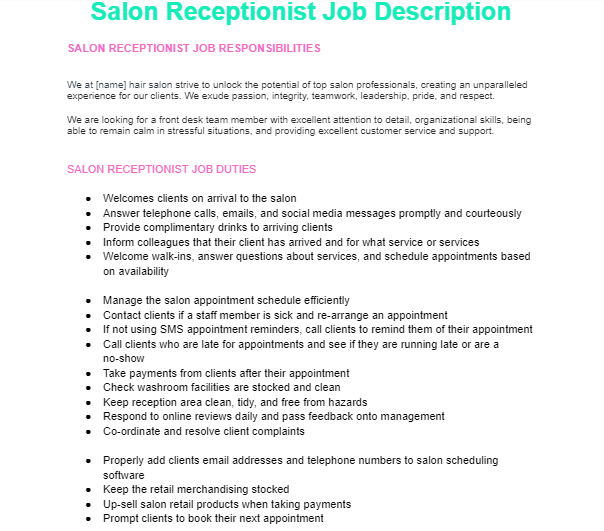 Salon Receptionists Job Description For 2024 Zolmi